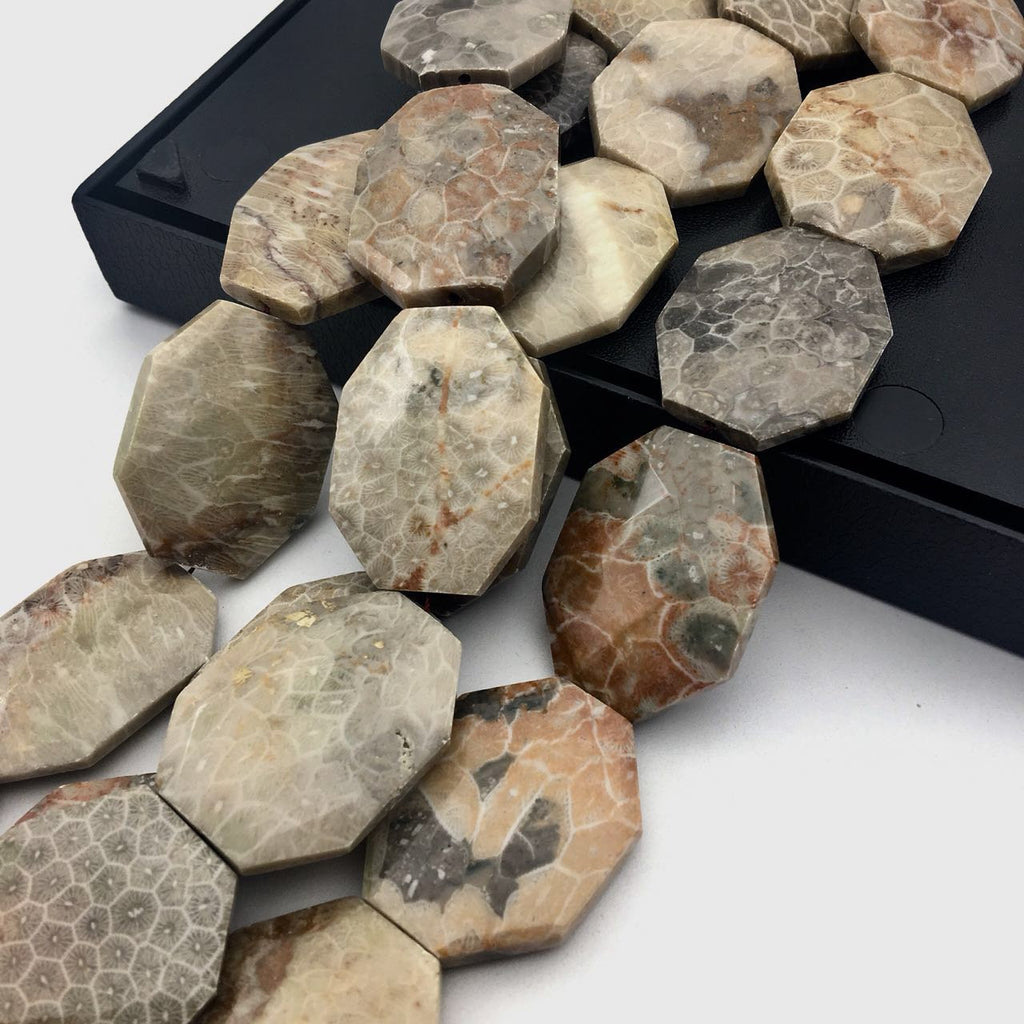Natural Fossil Coral Rectangle Slice Faceted Octagon Beads 30x40mm 15 ...